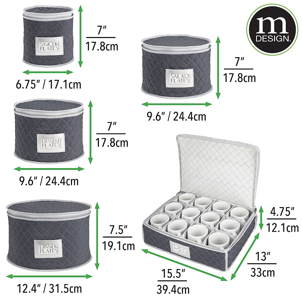 mDesign Quilted Dinnerware Storage 5 Piece Set for Protecting and Transporting Fine China, Dishes, Plates, Cups - Holds Service for 12 - Felt Protectors Included with Each Round Bin - Navy Blue/Gray