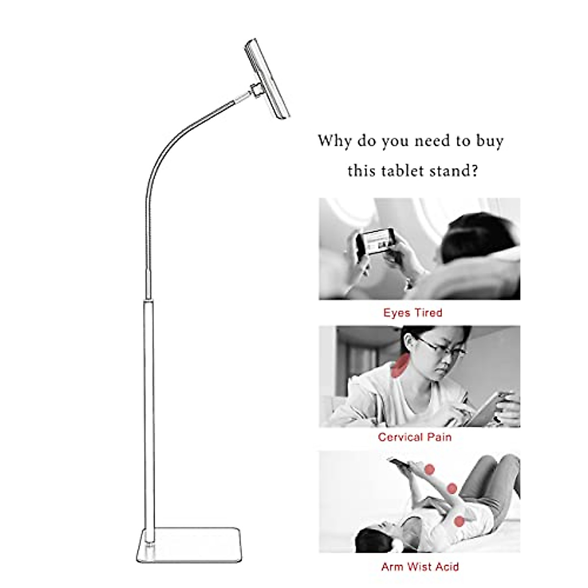 Adjustable Tablet Floor Stand, TiWHO Gooseneck Long Arm Metal Stand Mount for Cell Phone Switch & iPad Tablet 10.6 inch (Black)