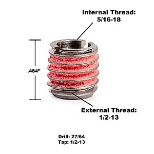 E-Z LOK - 303-5 E-Z Lok Externally Threaded Insert, 303 Stainless Steel, 5/16"-18 Internal Threads, 1/2"-13 External Threads, 0.484" Length, Made in US (Pack of 5)
