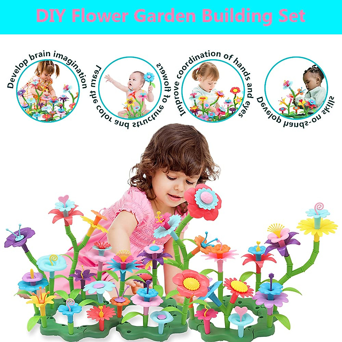 GrowFun DIY Flower Garden Building Kits Educational Activity Gifts Toys for Preschool Toddlers Pretend Play Birthday for Kids Age 3 4 5 6-136PCS