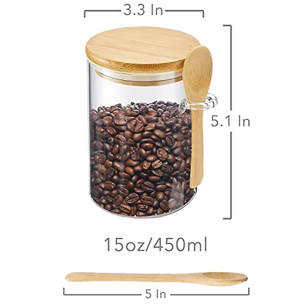 KOIKEY Sugar Jar Glass Salt Container - 15oz Clear Airtight Caning with Bamboo Lid and Spoon Scoop, Storage Overnight Oats, Salts, Coffee Bean, Spice, Creamer, Food Organizer, Pack of 1