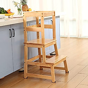 Kids Kitchen Step Stool for Kids with Safety Rail,Solid Wood Construction Toddler Learning Stool Tower, Montessori Toddlers Kitchen Stool (Natural)