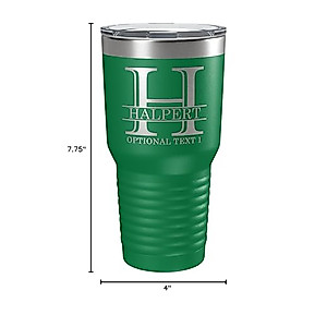 Personalized 30oz (17 Colors) Powder Coated Insulated Stainless Steel Tumbler with Lid, Custom Etched, Customized Engraved Gift Idea for Women Men Her Him, Halpert Monogram Initial Name (Green)