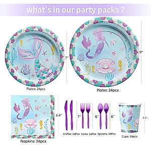 NAIWOXI Mermaid Birthday Decorations Tableware Girls - Mermaid Birthday Party Supplies, Paper Plates, Napkins, Cups, Cutlery, Little Mermaid Party Decorations For Baby Shower Birthday | Serve 24