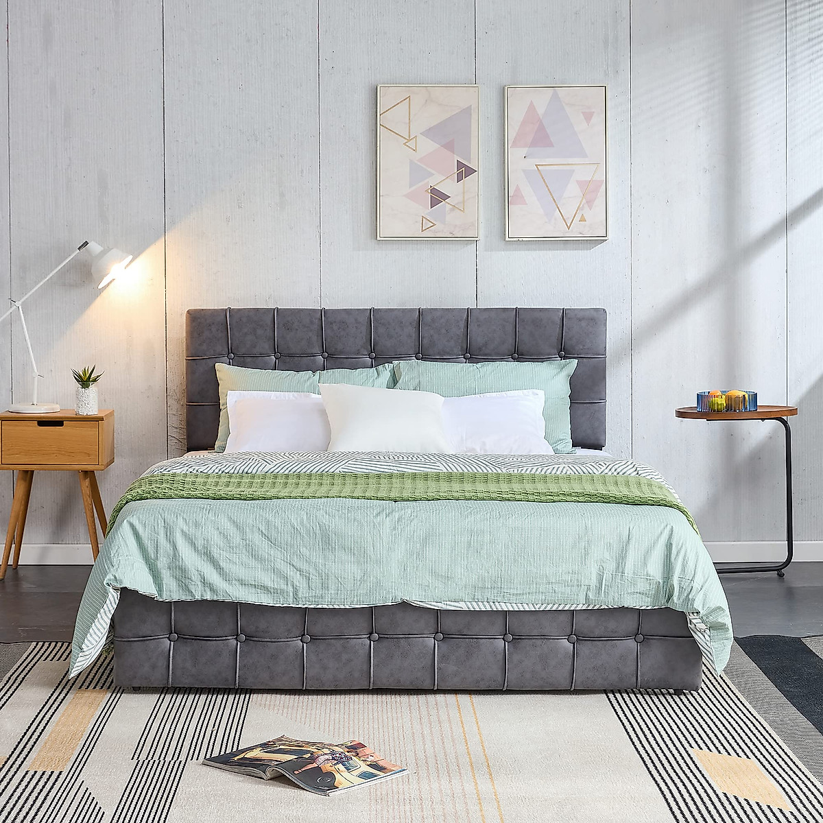 LAVHOME Size, Modern Upholstered Platform Adjustable Headboard, Heavy Duty Button Tech Cloth Bed Frame with Wood Slat Support, Easy Assembly, No Box Spring Needed (Grey, Queen (U.S. Standard)