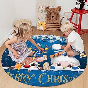 Santa Claus Area Rug Carpet for Kids Teen Girls Boys Bedroom, Living Room, Washable Outdoor Indoor Accent Throw Runner Floor Mat Area+Rug Christmas Elk Cartoon Pine Tree Leaves Blue 3FT(Round)