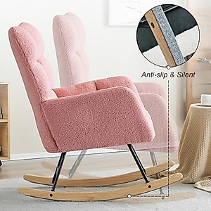 Furnimart Rocking Chair, Nursery Glider Rocker with High Backrest, Upholstered Glider Rocking Chairs for Nursery, Pink Comfy Reading Chair, Teddy Fabric Side Chair for Living Room, Bedroom