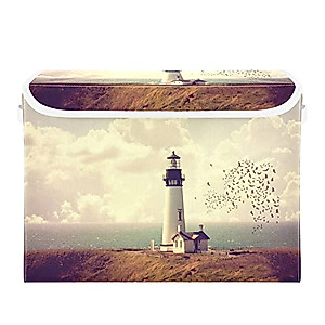 Kigai Old White Lighthouse Storage Basket with Lid Collapsible Storage Bin Fabric Box Closet Organizer for Home Bedroom Office 1 Pack