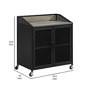 Benjara BM302490 34 in. Wood Grain Bar Cabinet on Wheels with Wire Mesh Doors Black & Brown
