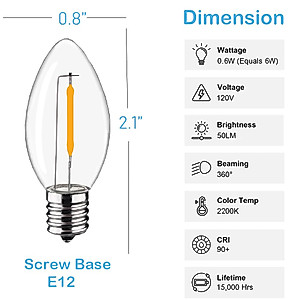 FUTIME 25Pack LED Night Light Bulbs, C7 Shatterproof Replacement Led Bulb for String Light, E12 Base Salt Lamp Bulbs, 0.6W Equivalent to 7W, Warm White 2200K, 50LM