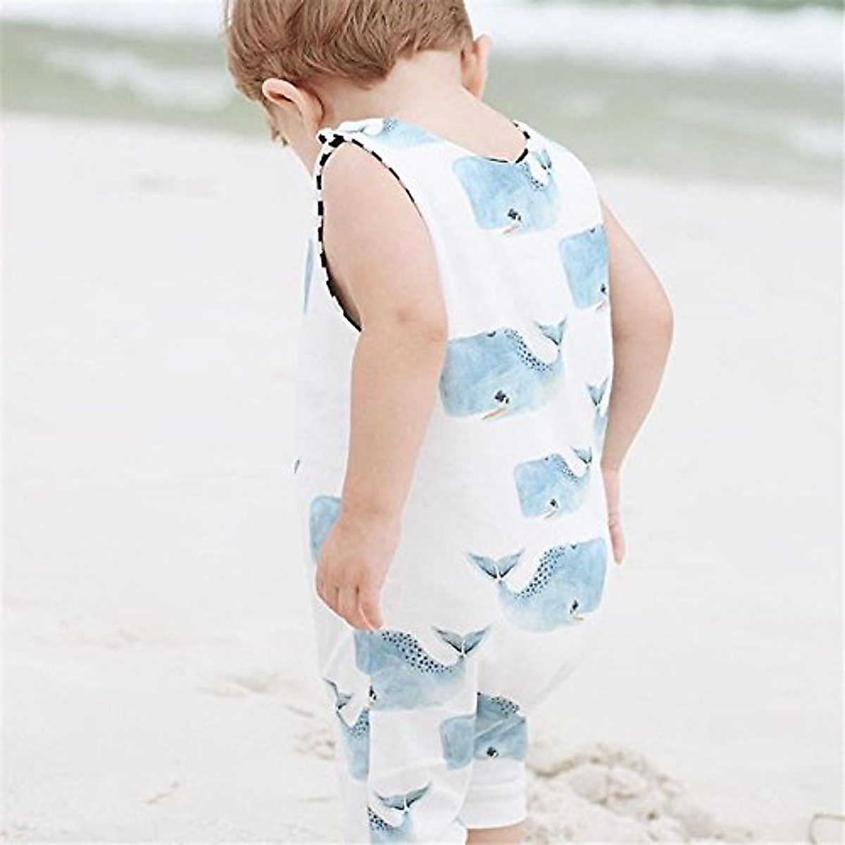 Pudcoco Toddler Baby Boy Girl Romper Summer Clothes Sleeveless Cartoon Animals Print Cropped Jumpsuit Bodysuit (12-18 Months,White Whales)