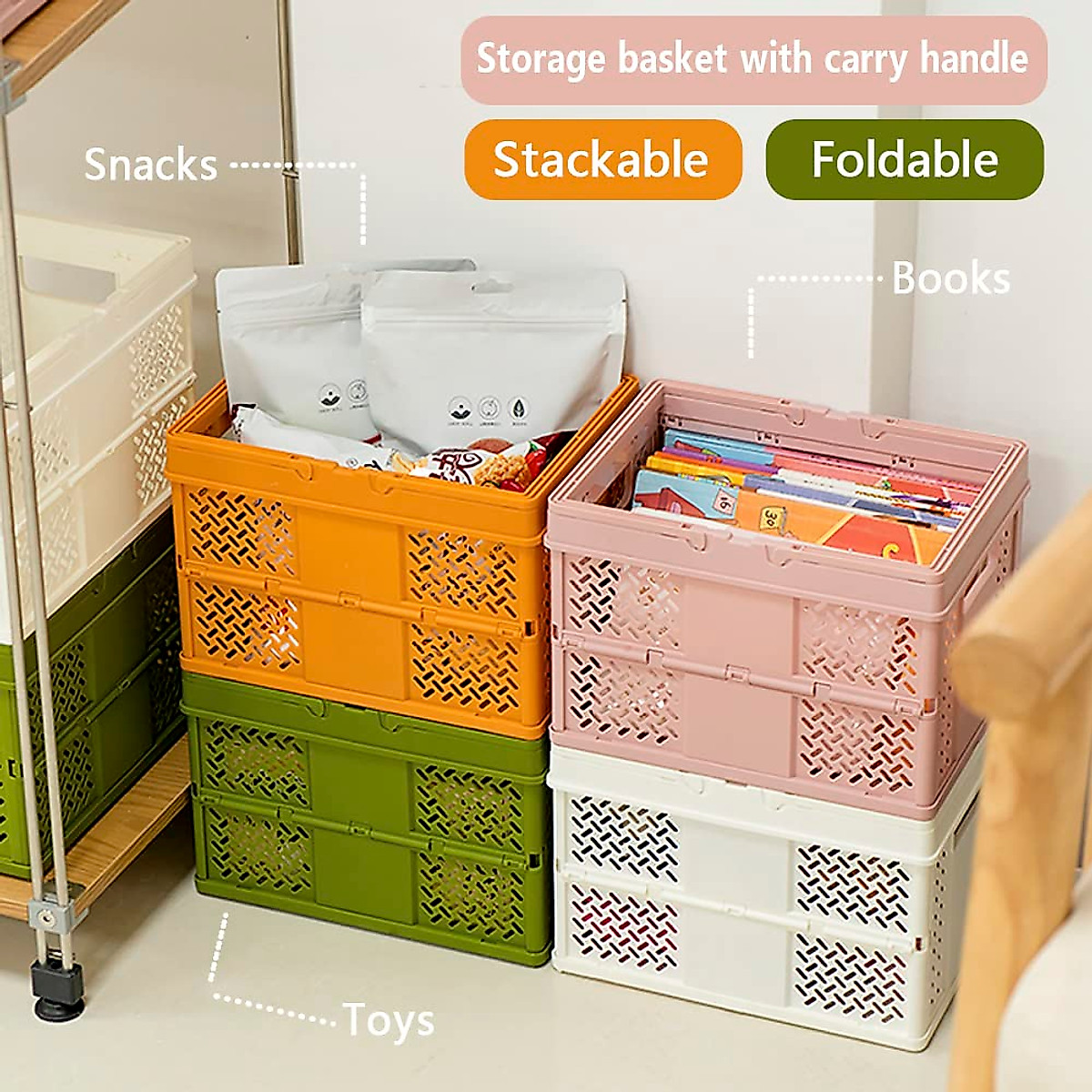 Xhwykzz Plastic Basket with Handle, Folding Pastel Crates for storage, Storage Basket for kitchen living-room Desktop Shelf Organing (Orange) 9.2""L x 6.8""W x 6.1""