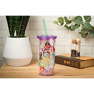 Silver Buffalo Disney Princess Plastic Tall Cold Cup with Lid and Reusable Straw Featuring Moana, Rapunzel, Ariel, Tiana, Belle, and Cinderella, 20 Ounces
