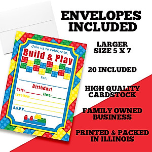 Building Blocks Birthday Party Invitations, 20 5x7 Fill In Cards with Twenty White Envelopes by AmandaCreation