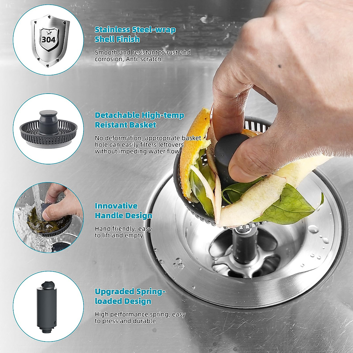 Hibbent 3 in 1 Kitchen Sink Drain Strainer, Stainless Steel Wrapped Shell Drain Stopper Combo, Pop Up Sink Stopper, Anti-Clogging Basket Strainer with Handle for US Standard 3-1/2" Drain