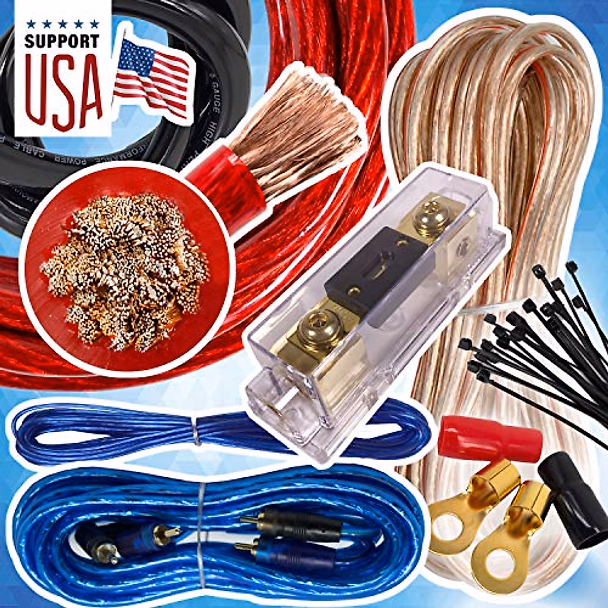 Audio360 USA 0 Gauge Cable 5000W Complete Car Amplifier Installation Power Amp Wiring Kit 1/0 Ga Red for Car Stereo