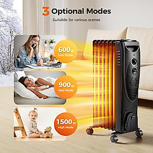 Kismile Portable Electric Radiator Heater, Oil Filled with 3 Heat Settings, Adjustable Thermostat, Overheat & Tip-Over Protection For indoor use, 1500W (Black)