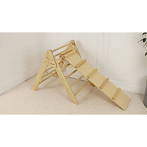 Avenlur Olive 3 in 1 Foldable Triangle Ladder and Slide - Montessori Climbing Set - Indoor Wood Climbing Gym for Children Ages 1 to 6 Years - Baby Climbing Triangle (Natural, Medium)