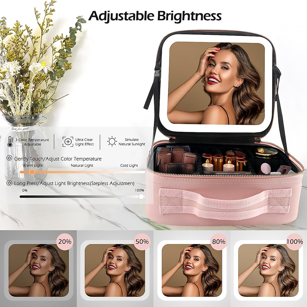 MOMIRA Makeup Train Case with Light & Mirror Large Cosmetic Organizer with Adjustable Dividers for Cosmetics,10X Magnifying Makeup Mirror,Pink