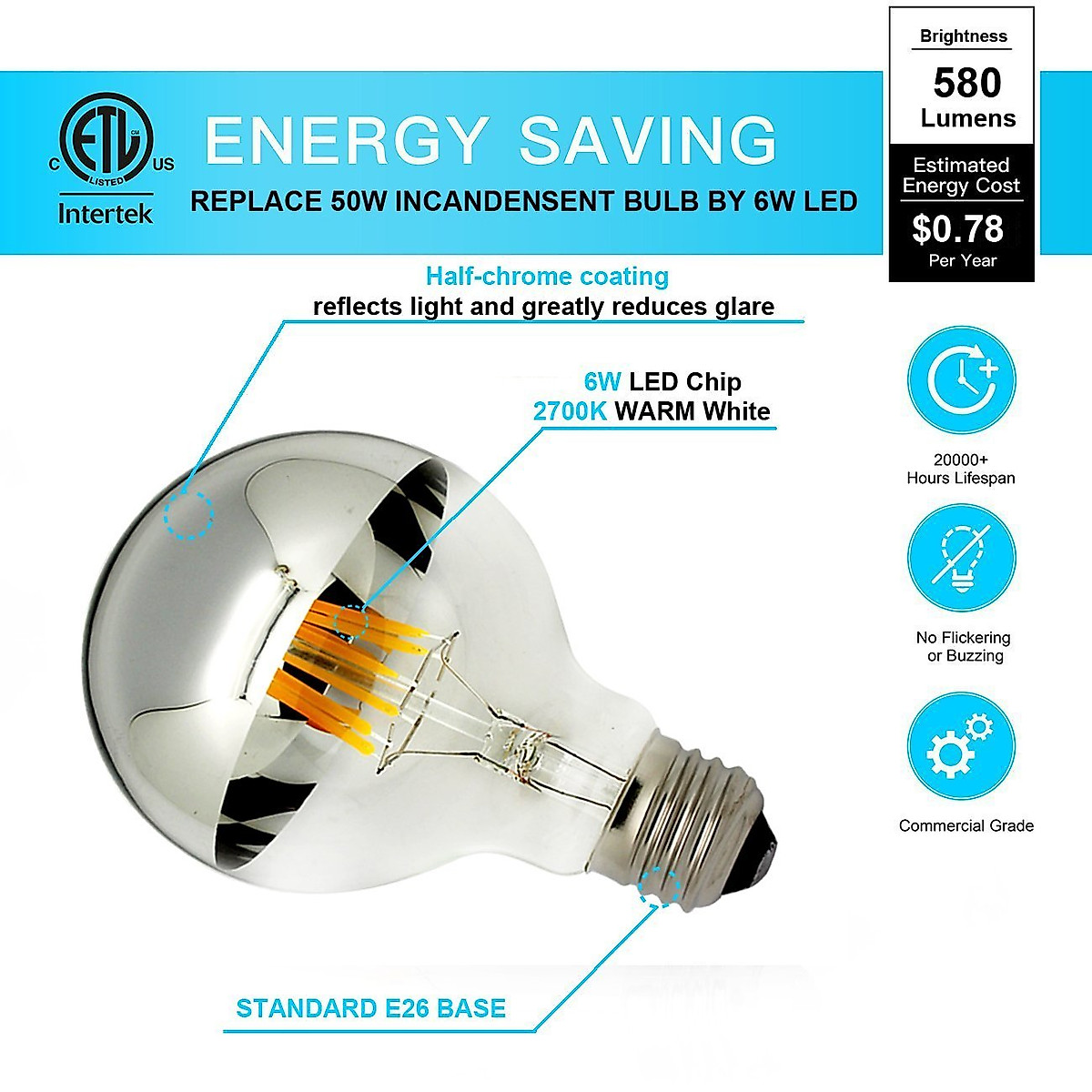 LUXON Half Chrome Light Dimmable,LED Filament Vintage Bulb with Mirror 6W (60W Equivalent) G80/G25 E26 Medium Base Warm White 2700K, 2 Pack