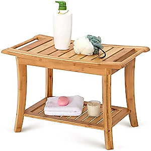 Jevindo Bamboo Shower Benches for Inside Shower, 2-Tier Teak Shower Bench with Storage Shelf & Non-Slip Feet, Wooden Spa Bathroom Storage Rack Stool for Indoor Outdoor Use, 24×12.1×17.6 inches