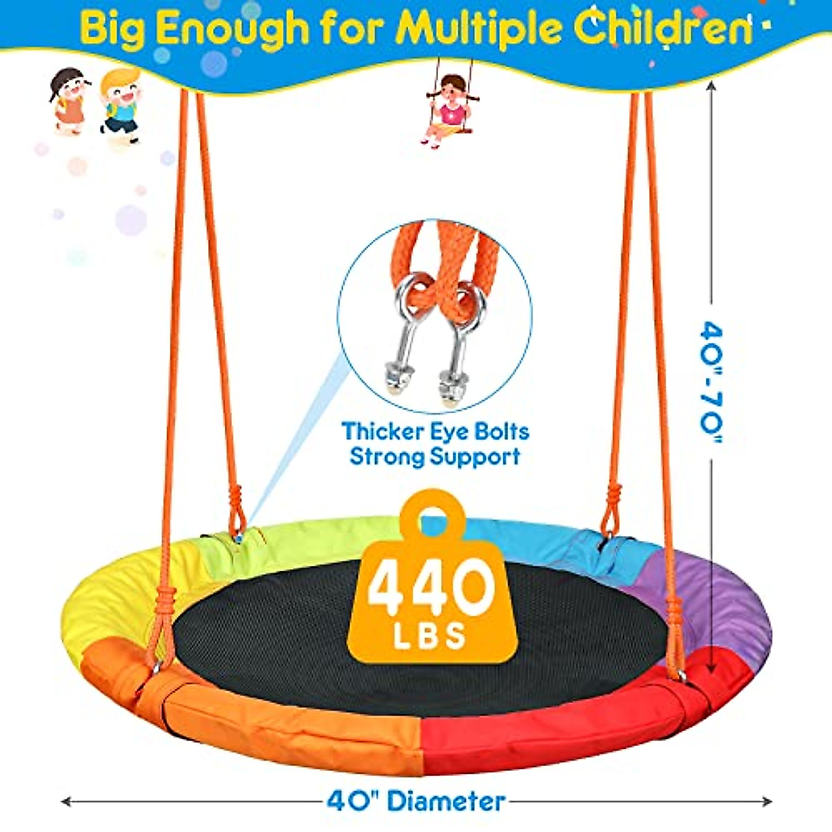 GIKPAL Saucer Swing with Stand for Kids Outdoor, 440lbs Swing Set with Heavy-Duty Metal Frame and Adjustable Ropes, Safe Waterproof Round Swing for Backyard Playground Park, Rainbow Color