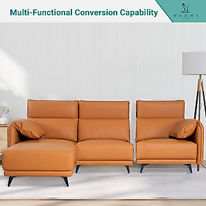 Naomi Home High Back Sectional Sofa, Pet-Friendly and Easy to Clean Oversized L-Shaped Sofa with Ottoman, Convertible Couch with Headrests and Armrest Pillows for Living Room or Apartment, Caramel