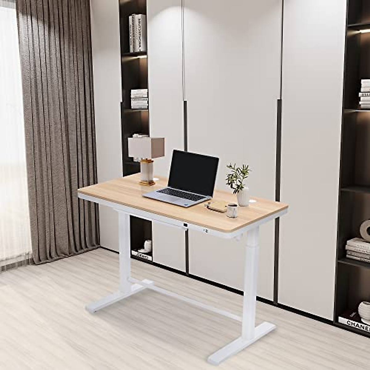 FARRAY Electric Standing Desk with Drawer, 45 x 24 Inch Adjustable Height Desk with Power Strip & USB Ports, One-Piece Top Stand Up Desk, Modern Sit Stand Desk (Oak Top + White Frame)