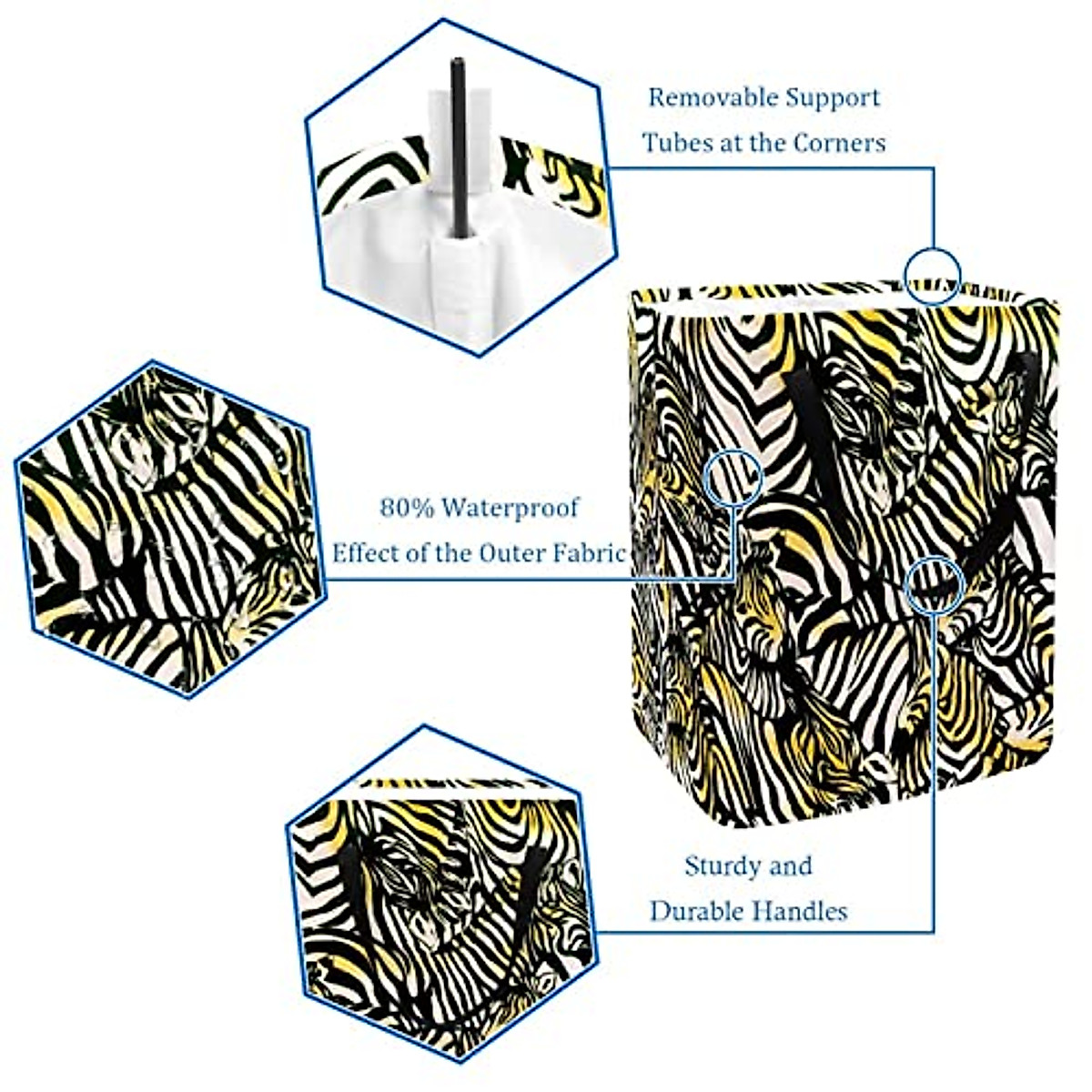 Animal Zebra Herd Yellow Black White Print Collapsible Laundry Hamper, 60L Waterproof Laundry Baskets Washing Bin Clothes Toys Storage for Dorm Bathroom Bedroom