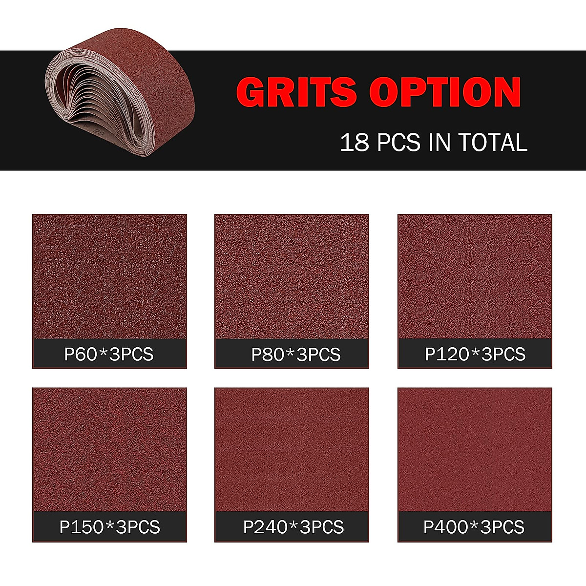 LIZMOF 3×18 Inch Belt Sander Sanding Belt, Aluminum Oxide Sanding Belts for Belt Sander, Belt Sander Paper with 60, 80, 120, 150, 240, 400 Assorted Grits for Efficient& Durable Use, 18PCS