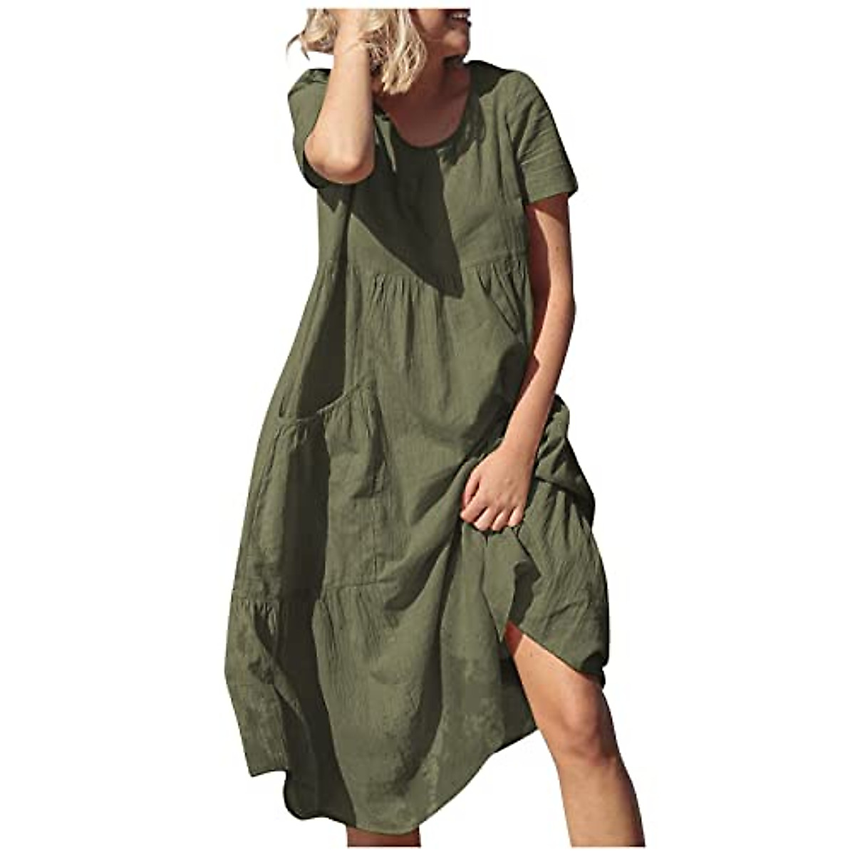 Boho Dress for Women Maxi, Women's Summer Dresses 2022 Sundress Long Dresses Women's Cotton Linen Round Neck Short Sleeve Dress Midi Dresses with Pockets Shirt Dress Plus Size (XL, Green)