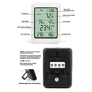 Indoor Hygrometer Thermometer with Alarm Clock Digital Temperature Humidity Meter with Large Screen, Multifunctional Temperature and Humidity Meter Monitor for Home, Office, Bedroom and Greenhouse