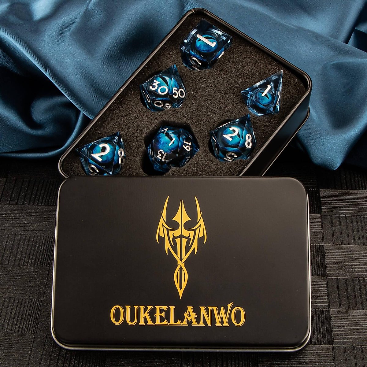 OUKELANWO Liquid Core Dragon Eye D&D Dice with Gift Box, 7 Piece Dungeons and Dragons Polyhedral DND Dice Set, Floating Blue Sharp Edge RPG D and D Role Playing Dice D20 D12 D10 D8 D6 D4