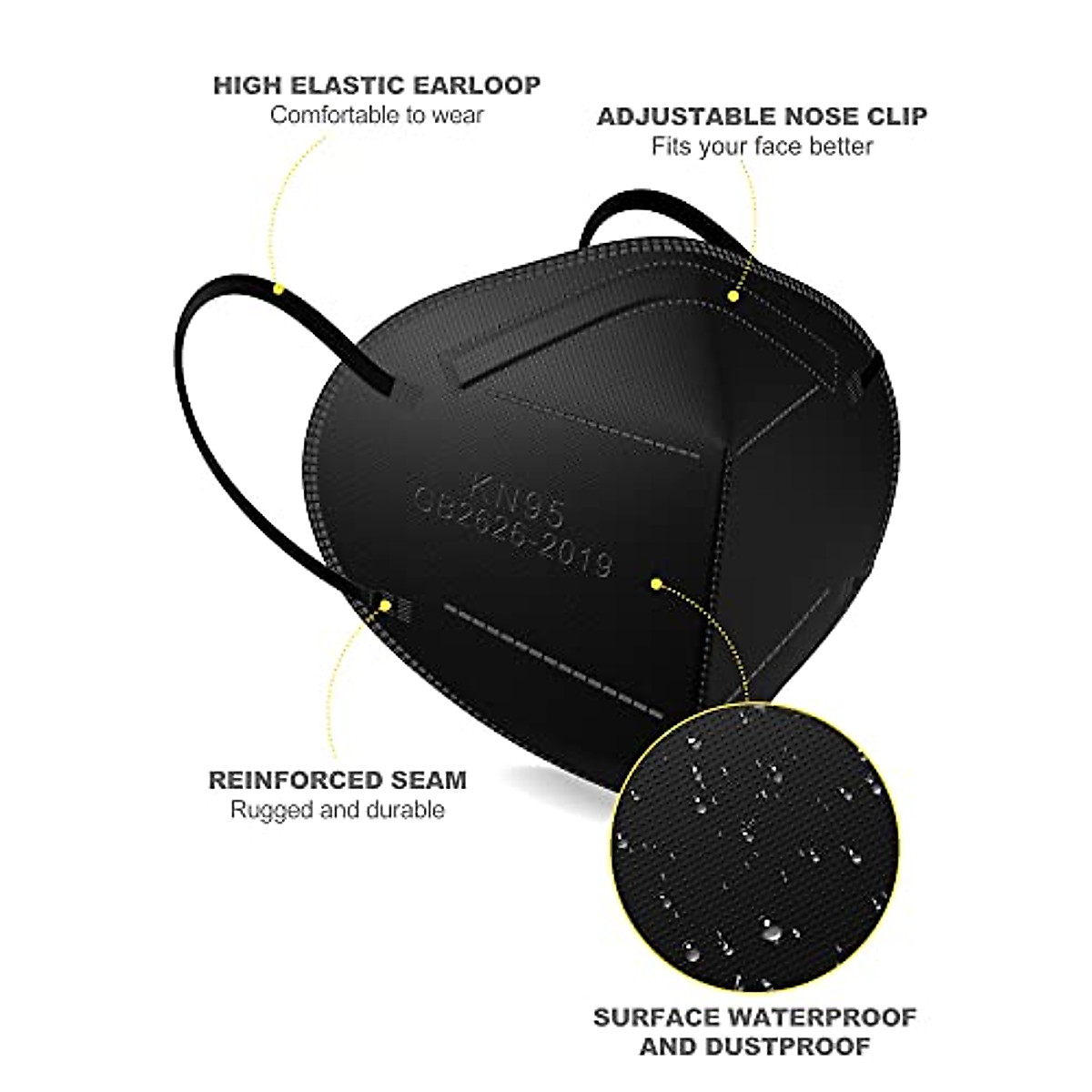 YUIKIO KN95 Face Masks, 30 Pack Individual Packed Safety Masks, Filter Efficiency≥95%, 5 Layers Filter Safety Mask Against PM2.5 Disposable KN95 Respirator Mask Breathable Cup Mask in Bulk (Black)