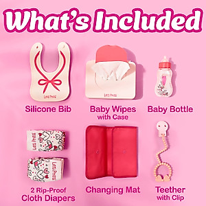 Litti Pritti Baby Doll Accessories Set - 9-Piece Diaper Bag Playset with Baby Doll Diapers, Magic Bottle, Silicone Bib, Wipes, Teether, Changing Pad, and More - Baby Doll Stuff for Ages 3-8 Years