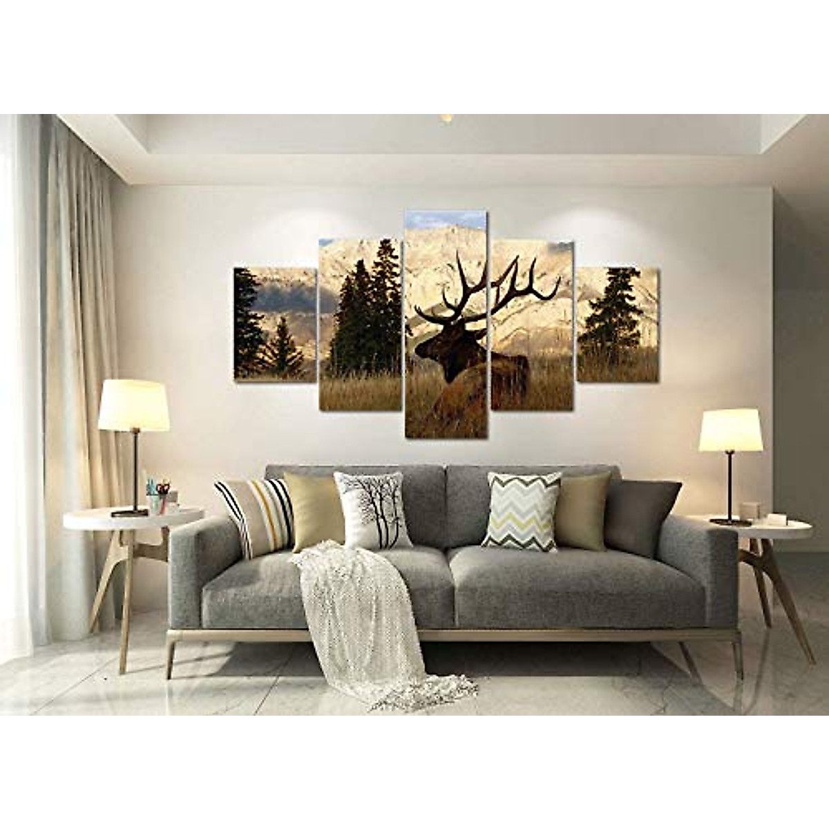 Nature Calligraphy Animal Scenery Elk Wall Art Deer Canvas Hunting Wall Decor Deer Decor for Living Room Wall Decor Deer Wall Art Deer Pictures Large 5 Panel Printed Painting Framed [60''W x 32''H]