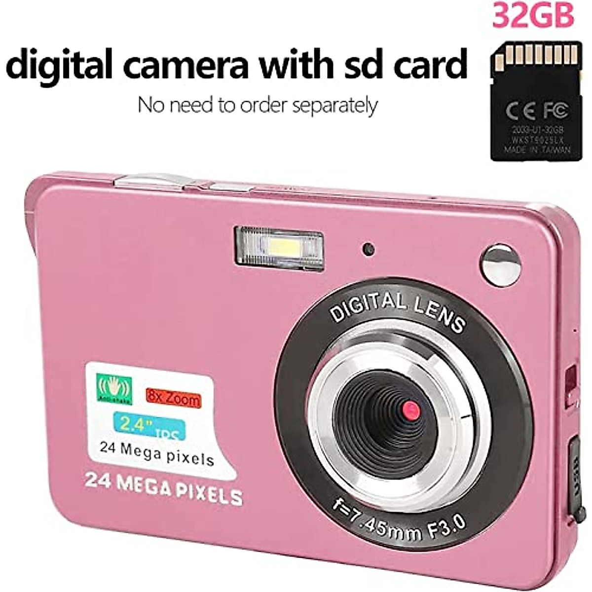 Digital Camera,2.4 Inch FHD Pocket Cameras Rechargeable 24MP Camera for Backpacking, 8X Digital Zoom Compact Cameras for Photography, sd Card 32GB