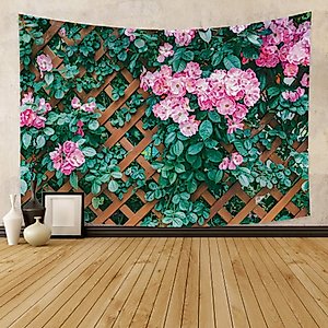 Qinunipoto Garden Fence Tapestry Spring Floral Scene Tapestry Wall Hanging Pink Flower Blossom Green Leaves Wood Fence Tapestry for Living Room Bedroom Dorm Home Room Decor 39X27inch