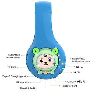 Riwbox FB-7S Frog Kids Headphones Bluetooth, LED Light Up Bluetooth Headphones Over Ear Volume Limited Safe 75/85/95dB with Mic and TF-Card, Children Headphones for School/PC (Blue&Grey)