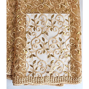 SanVera17 African Lace Net Fabrics Nigerian French Fabric Embroidered and Sequins Leaves for Party Wedding 5 Yards (Gold)