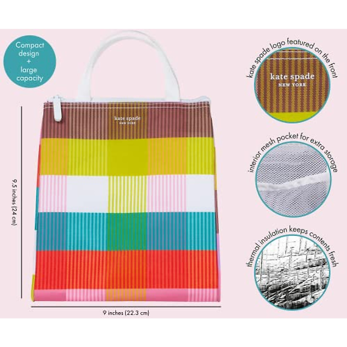 Kate Spade New York Portable Soft Cooler Lunch Bag with Silver Insulated Interior Lining and Storage Pocket, Rainbow Plaid