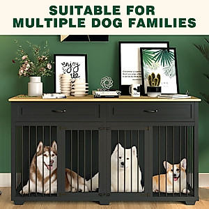 Lovinouse Large Double Dog Crate Furniture, 72.4" Wooden Dog Crate Kennel with 2 Drawers and Divider, XXL Dog Crates Furniture for Large Dog or 2 Medium Dogs Indoor, Black+Natural Tabletop