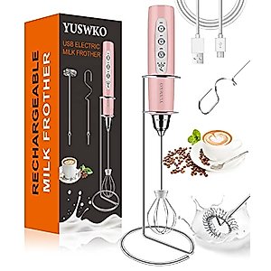 YUSWKO Rechargeable Milk Frother for Coffee with Stand, Handheld Drink Mixer with 3 Heads 3 Speeds Electric Stirrers for Latte, Cappuccino, Hot Chocolate, Egg - Pink