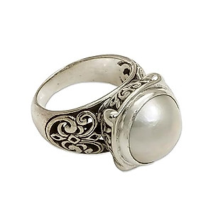 NOVICA Artisan Handmade Cultured Pearl Cocktail Ring Mabe Sterling Silver White Indonesia Birthstone Moon [crownbezel 0.6 in L x 0.6 in W x 0.5 in H Band Width 5 mm W] ' Graceful Moon'