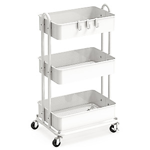 SimpleHouseware Heavy Duty 3-Tier Metal Utility Rolling Cart, White