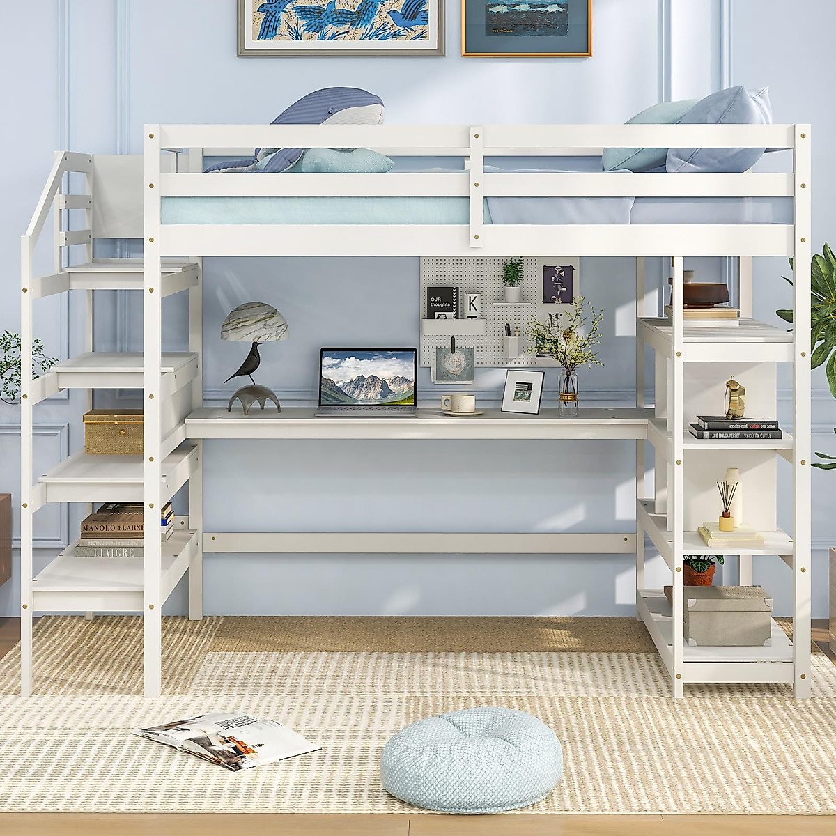 Giantex Twin Loft Bed with Desk and Stairs, Solid Wood High Loft Bed with 4-Tier Storage Shelves, Loft Bed Twin Size for Adults, Teens, Kids, Boys & Girls, No Box Spring Needed, White