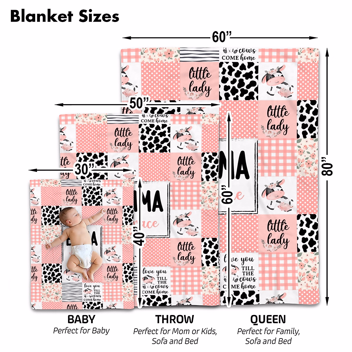 Kingdora Personalized Cow Baby Blanket, Cow Print Baby Blanket, Baby Girl Woodland Blanket, Animal Print Baby Blanket, Baby Zoo Animal Blanket, Baby Girl Blanket, Woodland Baby Blanket Girl