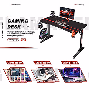 Flamaker Gaming Desk 44 Inch Gaming Table Computer Desk PC Gamer Table T Shape Game Station with Large Carbon Fiber Surface, Cup Holder & Headphone (Light Black)