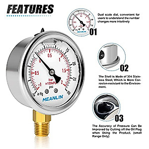 MEANLIN MEASURE -30~30Psi Stainless Steel 1/4" NPT 2.5" FACE DIAL,Vacuum Pressure Gauge,Lower Mount, with 1/4" x 1/2" NPT and 1/4" x 3/8" NPT Hex Bushing