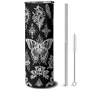 owbgsdh 20 oz Goth Skinny Tumblers with Lid and Straw, Butterfly Stainless Steel Vacuum Insulated Travel Coffee Mug Cup Water Bottle, Gothic Decor Stuff Accessories, Gifts for Women Girls Goth Lover